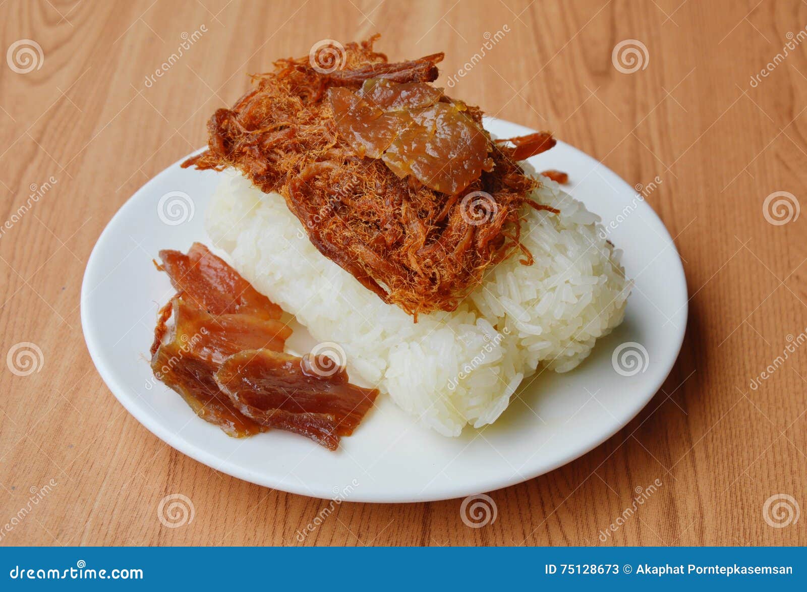 Crispy Shredded Pork on Sticky Rice Stock Image - Image of salty, snack ...