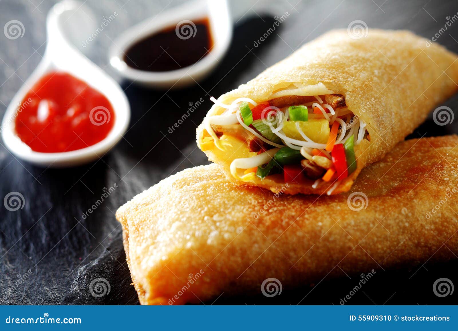 Crispy Spring Rolls with Chili and Soy Sauces Stock Photo - Image of ...