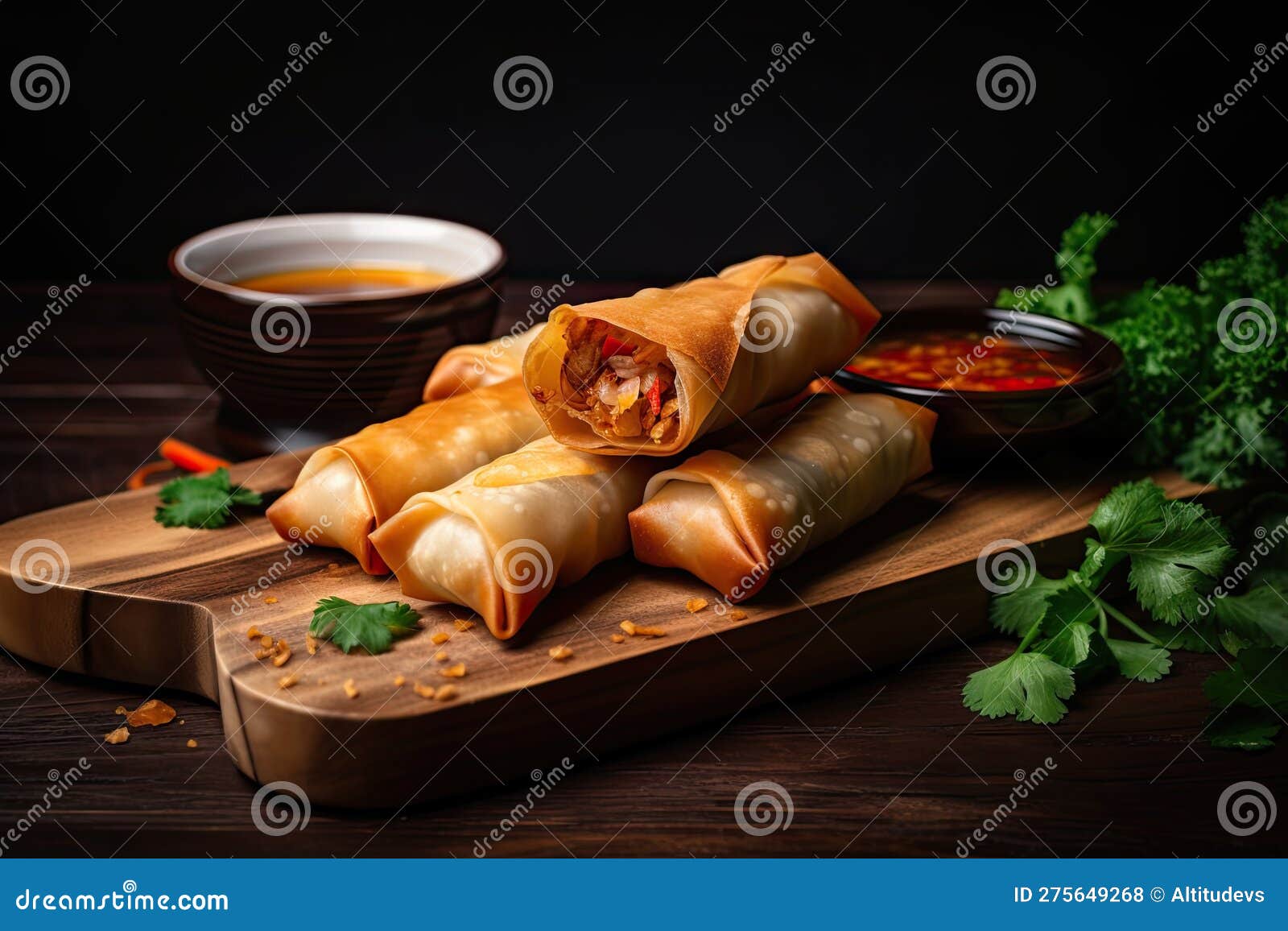 Crispy Spring Rolls with Shrimp and Veggies on Wooden Plate Stock Photo ...