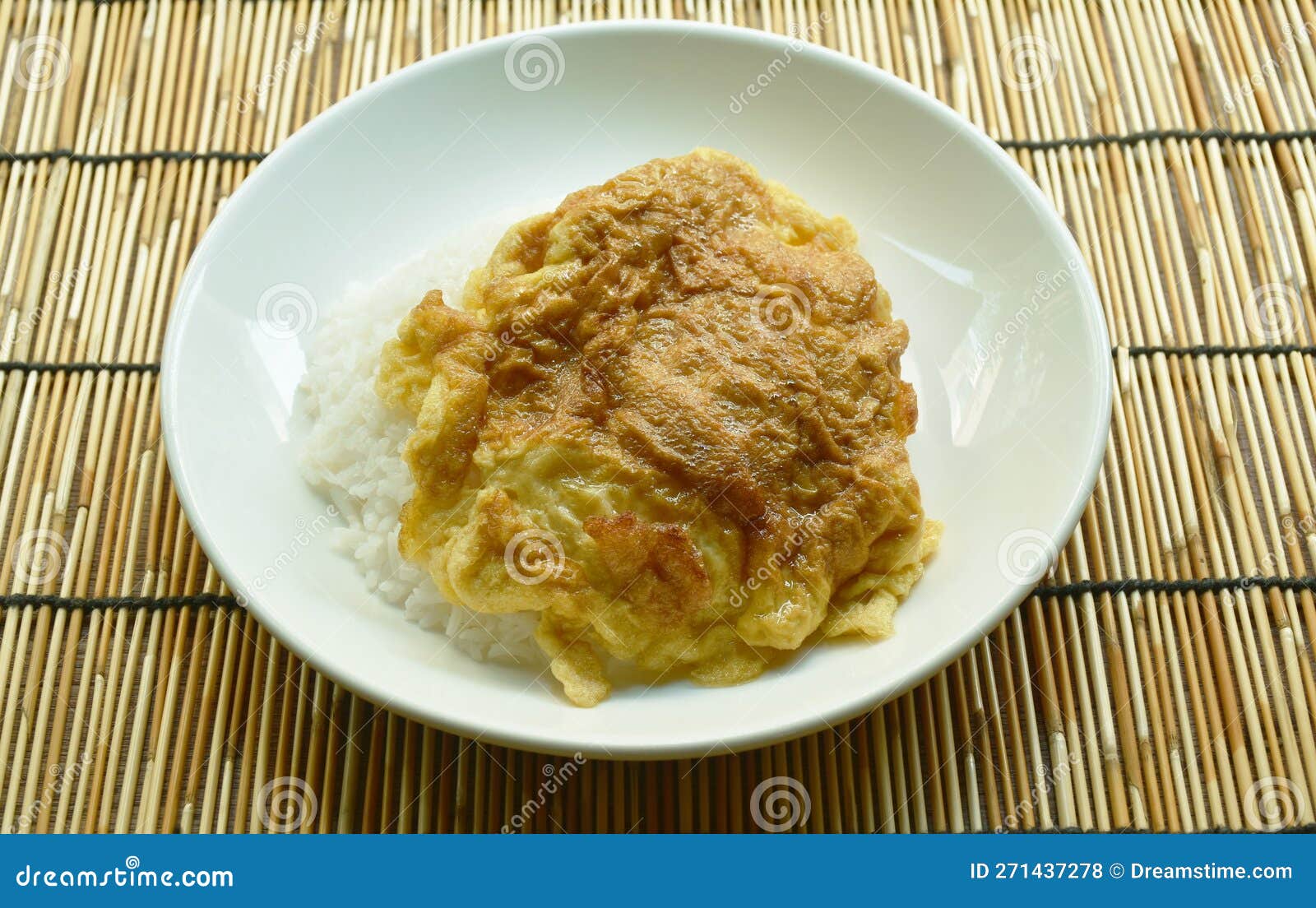 Crispy Thai Egg Omelet Topping Plain Rice on Plate Stock Photo - Image ...