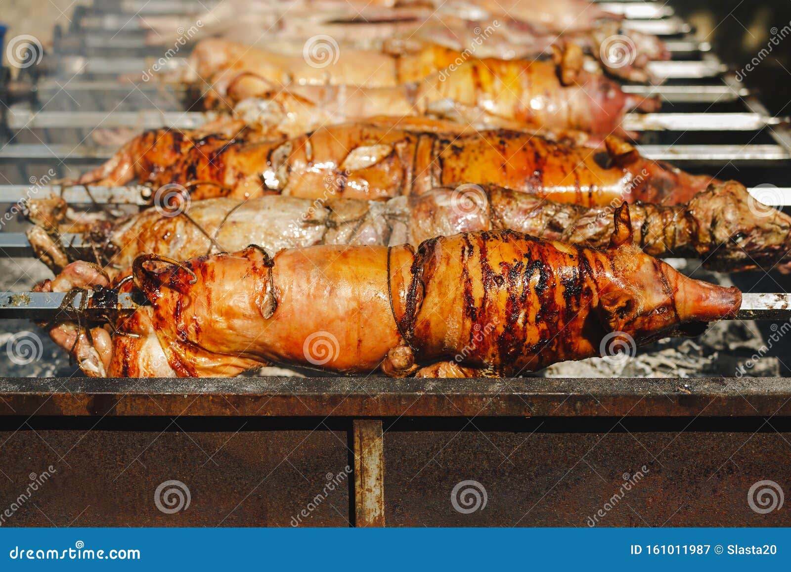Crispy Whole Roasted Pig and Lamb on a Steel Spit Stock Image - Image ...