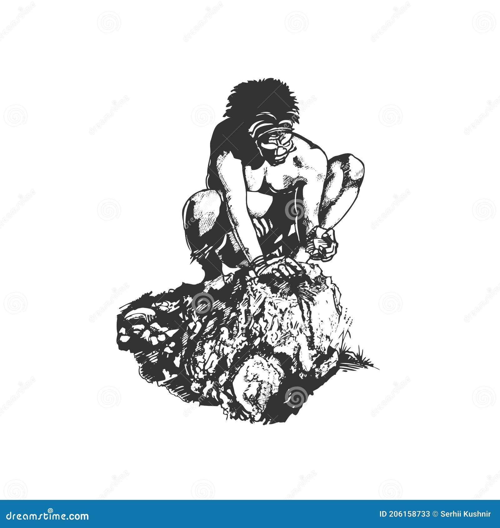 A CRO Magnon Man Makes Fire. Primitive Man, Neanderthal. Graphic Sketch ...