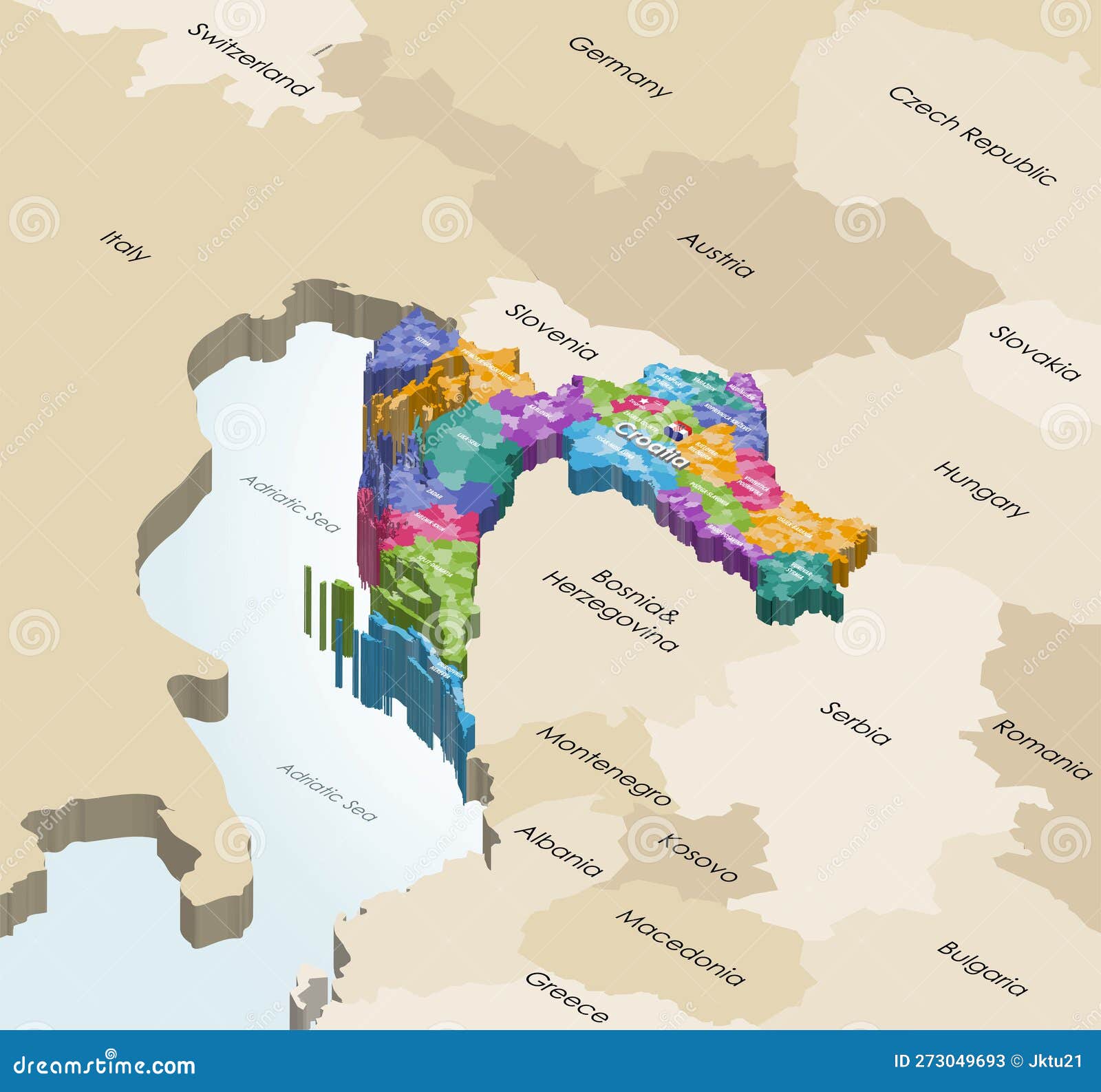 Croatia Administrative Districts 3d (isometric) Vector Map Colored by ...