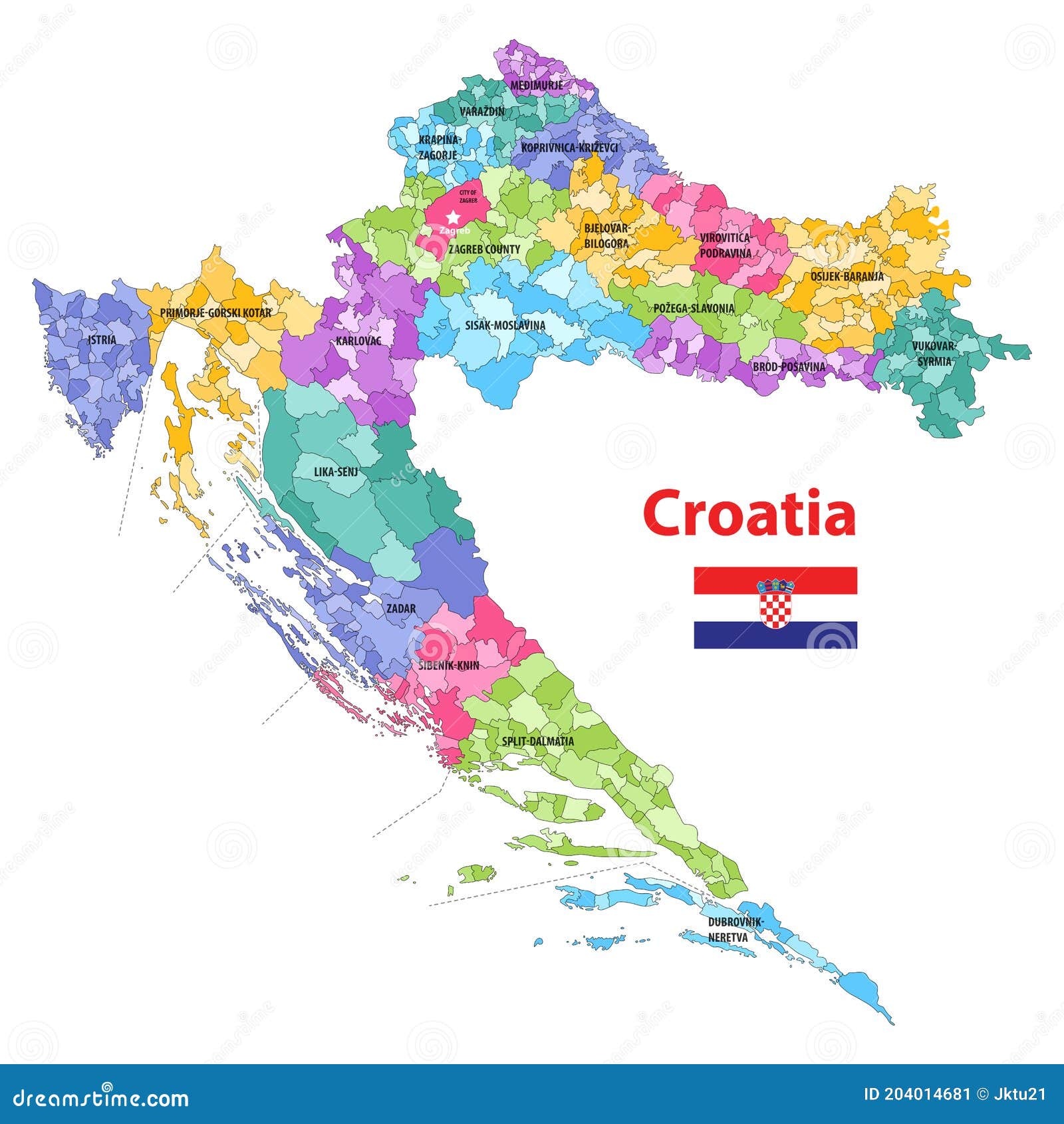 High Detailed Vector Map of Croatia Municipalities Colored by Counties. Flag Od Croatia Stock ...