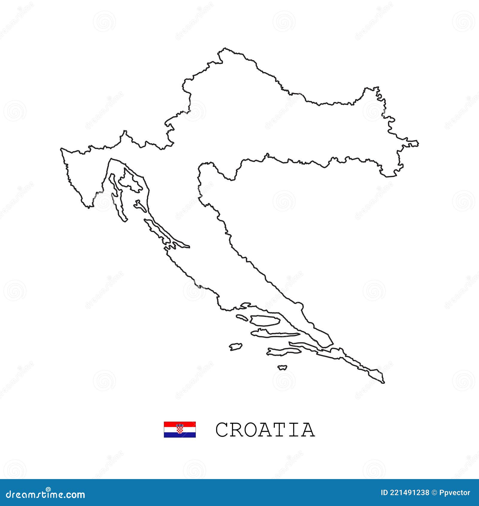 Croatia Map Line, Linear Thin Vector Simple Outline and Flag. Black on ...