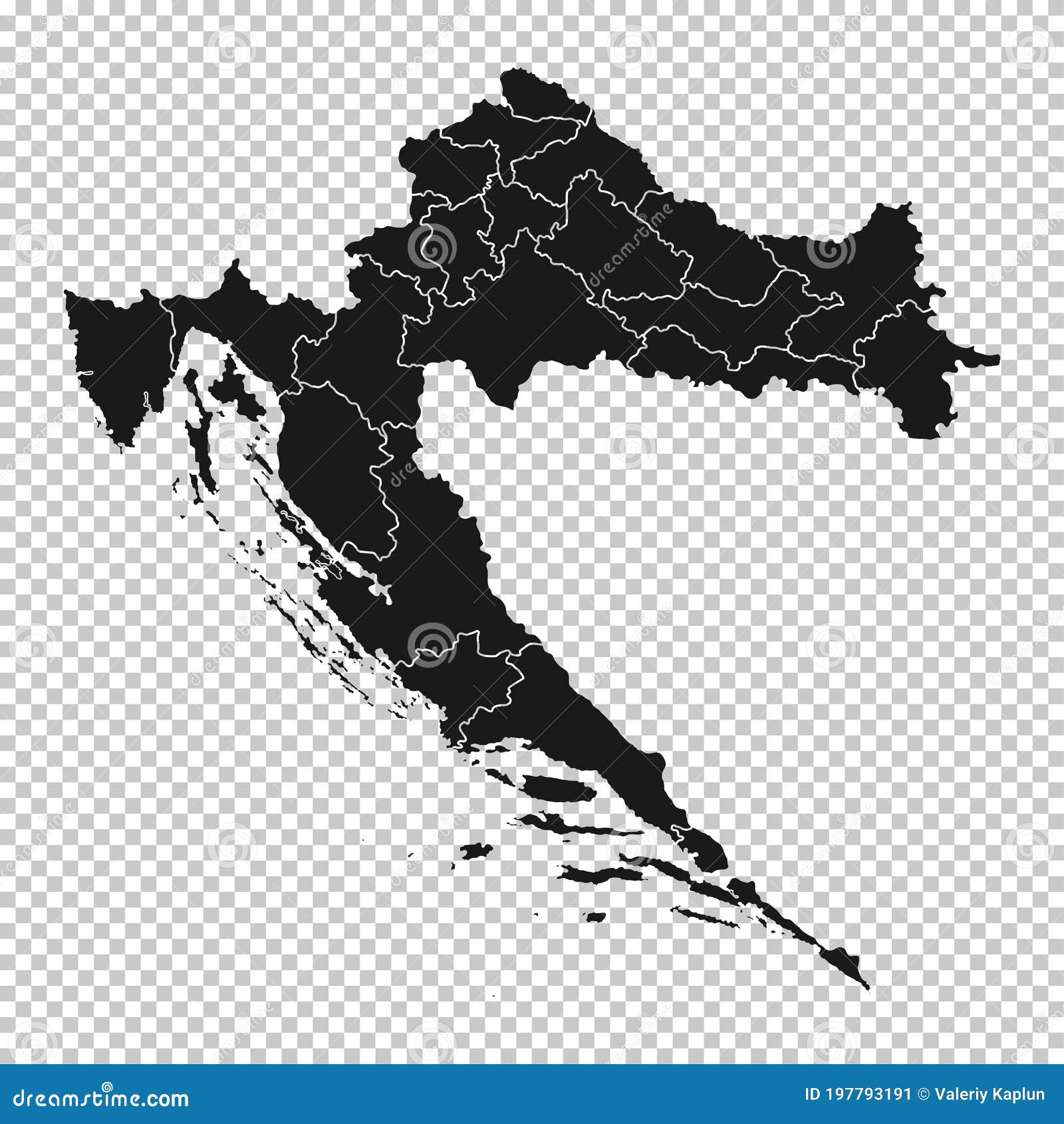 Croatia Map - Vector Solid Contour and State Regions on Transparent ...