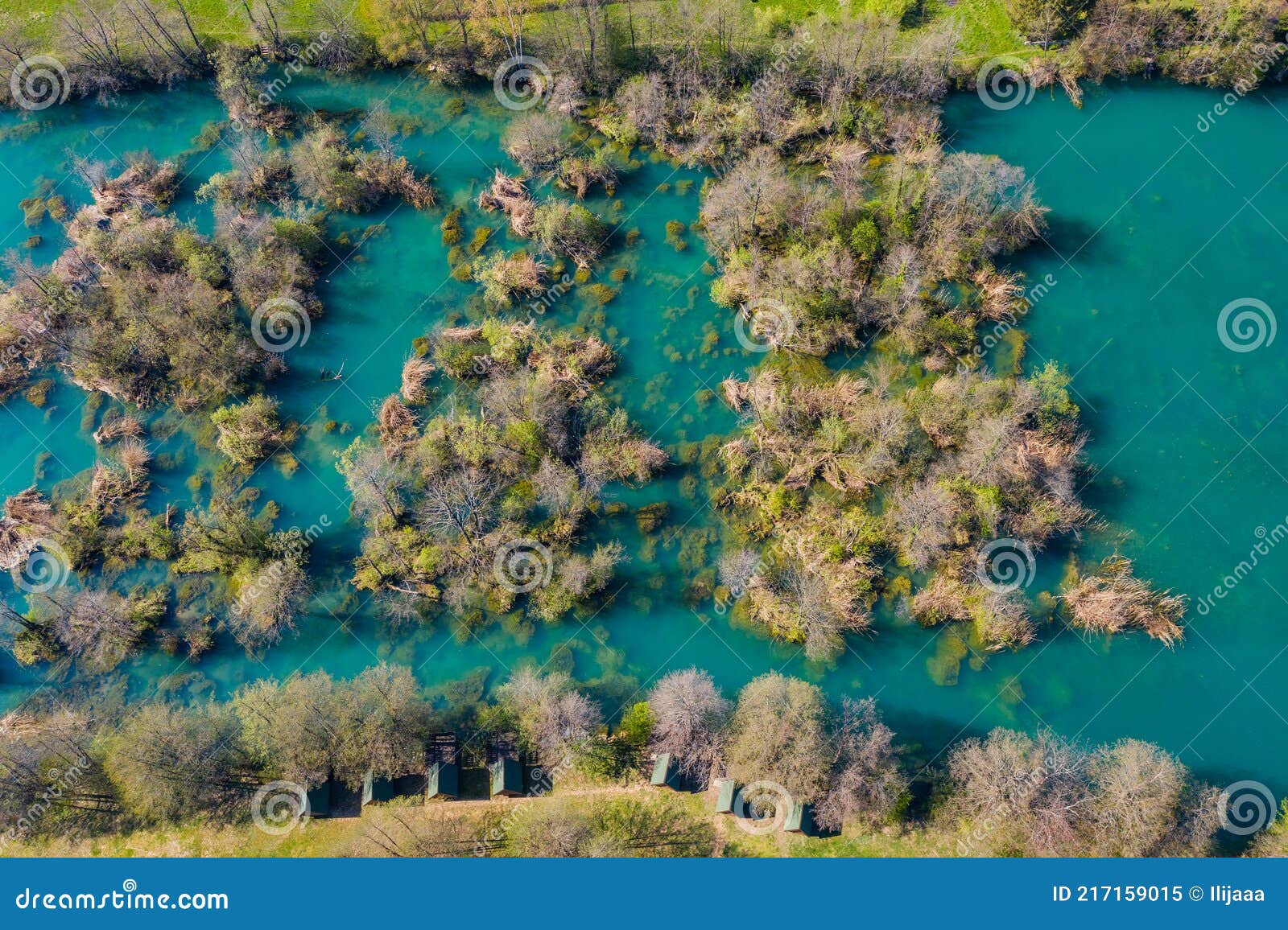 Croatia Mreznica River From Drone Overhead Shot Of Waterfalls And Trees In Spring Stock Image