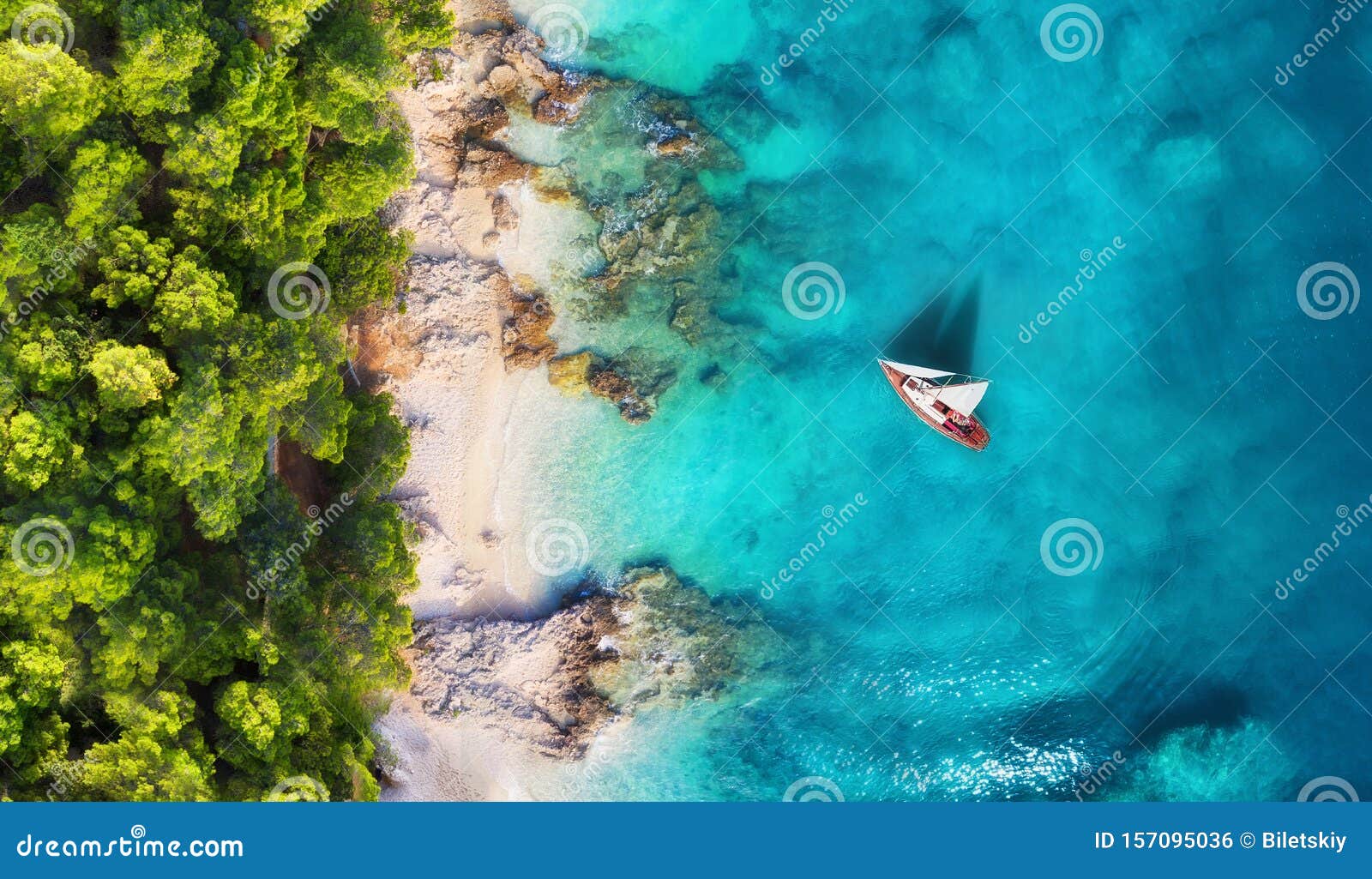 Croatia. Panoramic Coast and Yacht As a Background from Top View ... Croatia. Panoramic Coast and Yacht As a Background from Top View ...