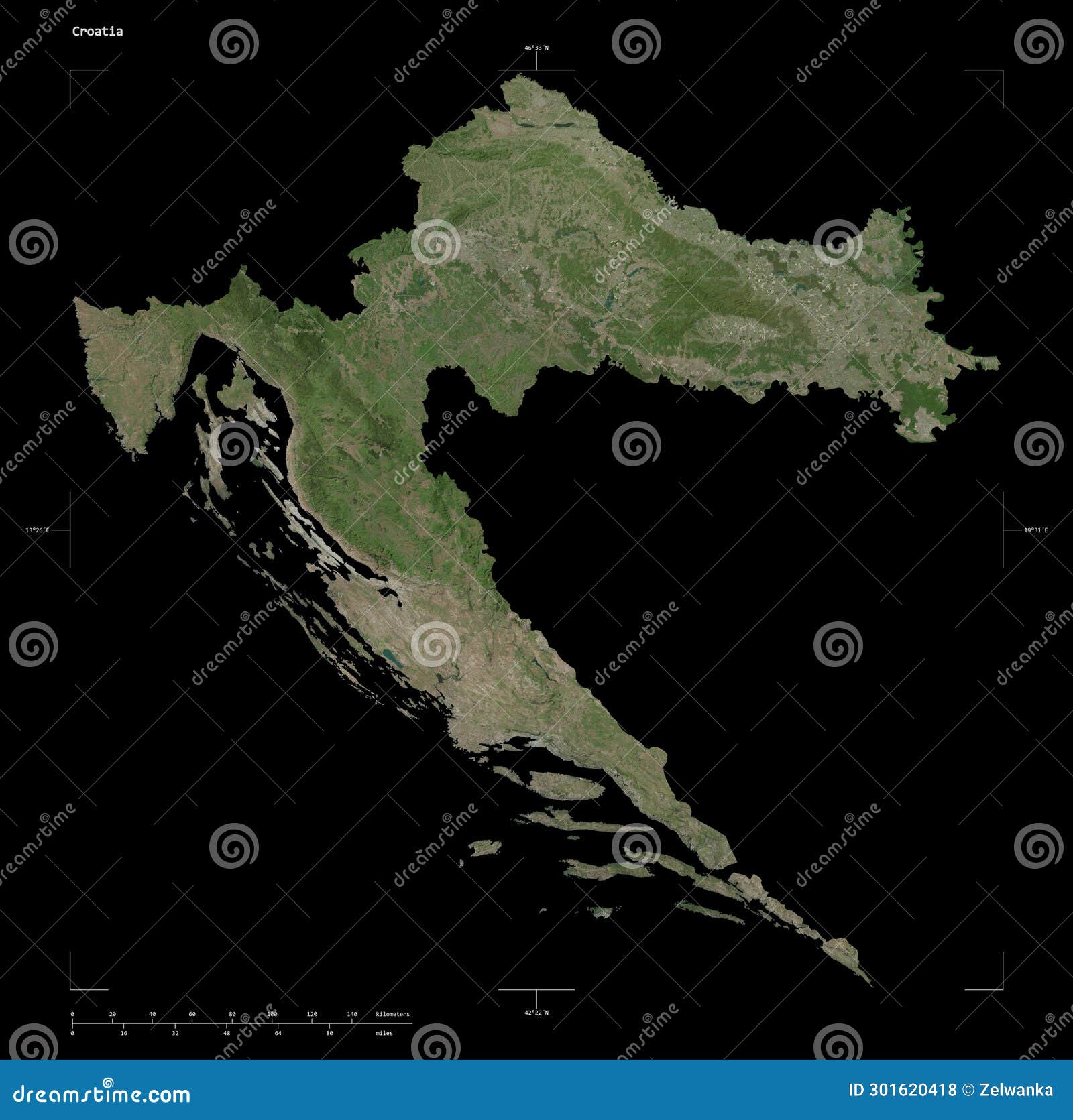 Croatia Shape on Black. High-res Satellite Stock Illustration ...