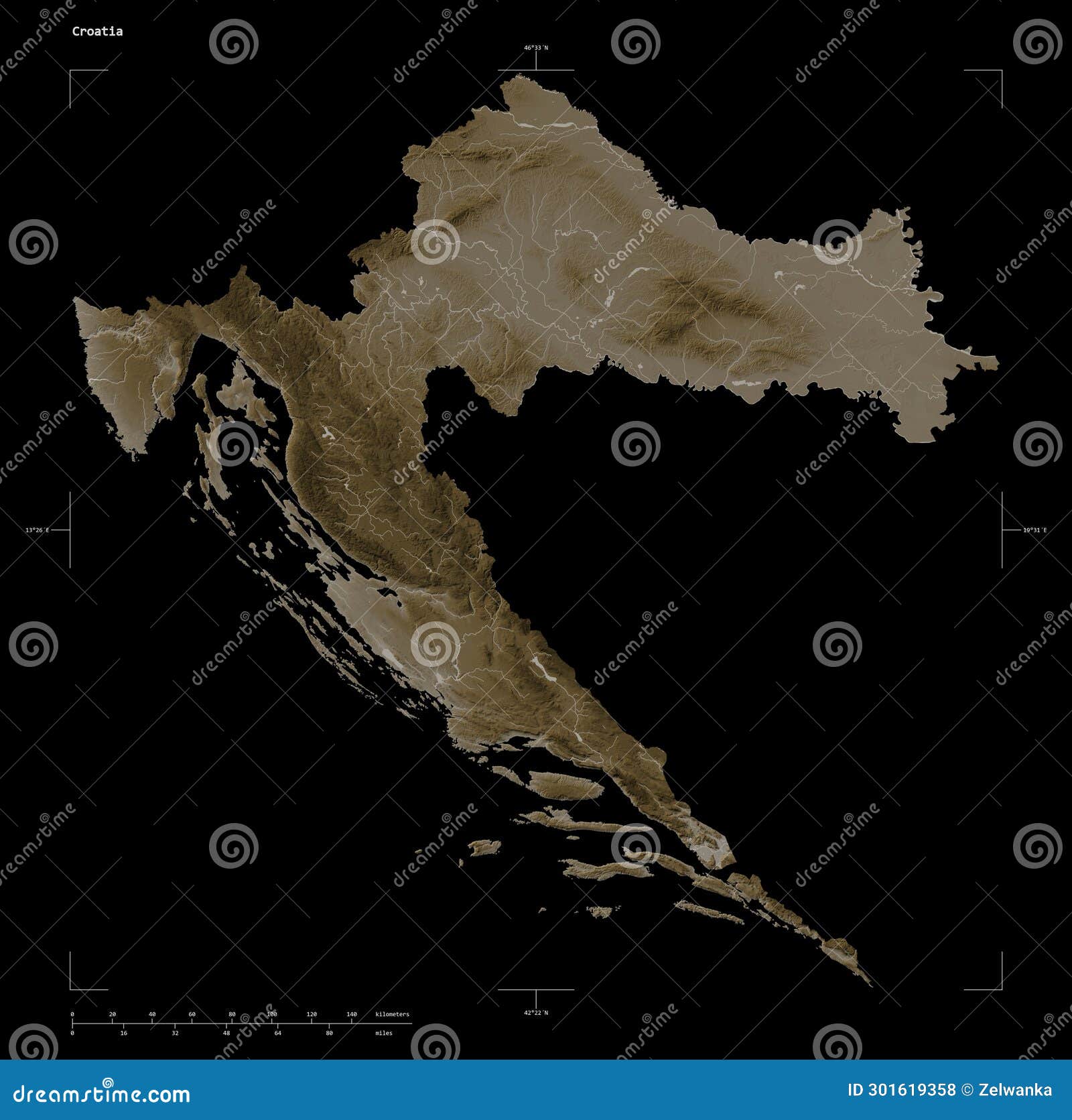 Croatia Shape on Black. Sepia Stock Illustration - Illustration of land ...