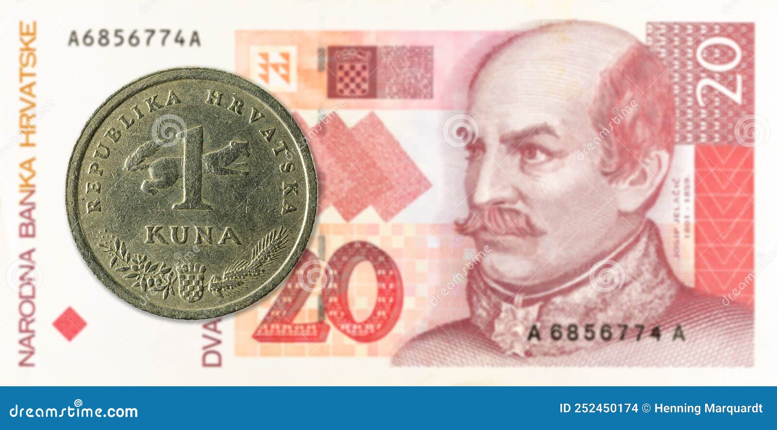 1 Croatian Kuna Coin Against 20 Croatian Kuna Bank Note Stock Photo ...