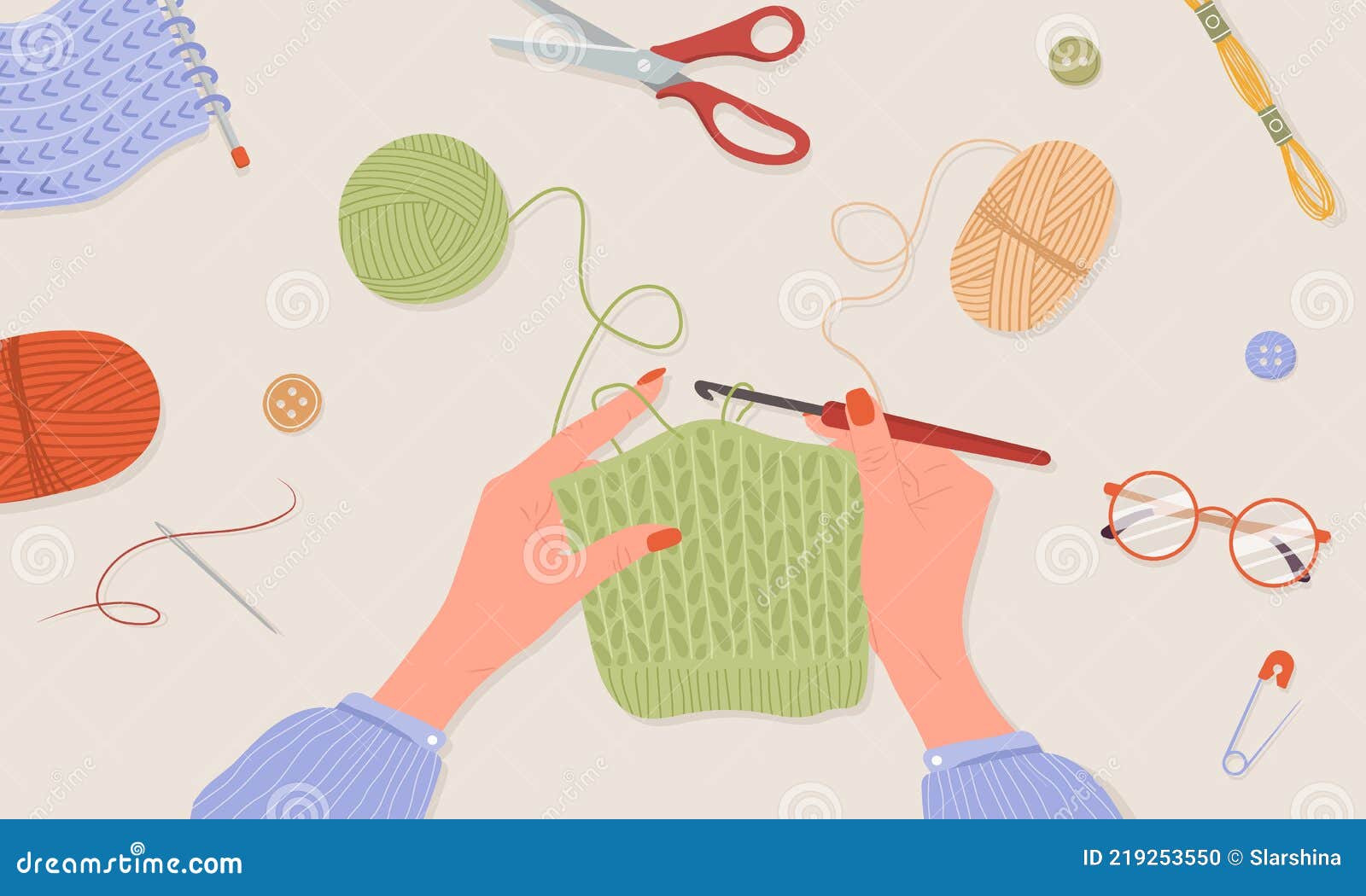Crochet Knitting Process. Female Hands with Hook and Thread. Balls of ...
