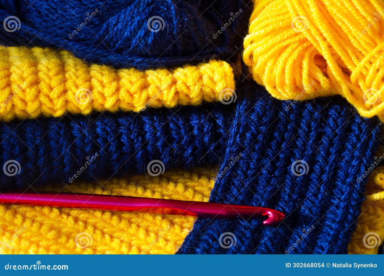 Crochet. Samples of Patterns from Blue and Yellow Yarn Stock Photo ...