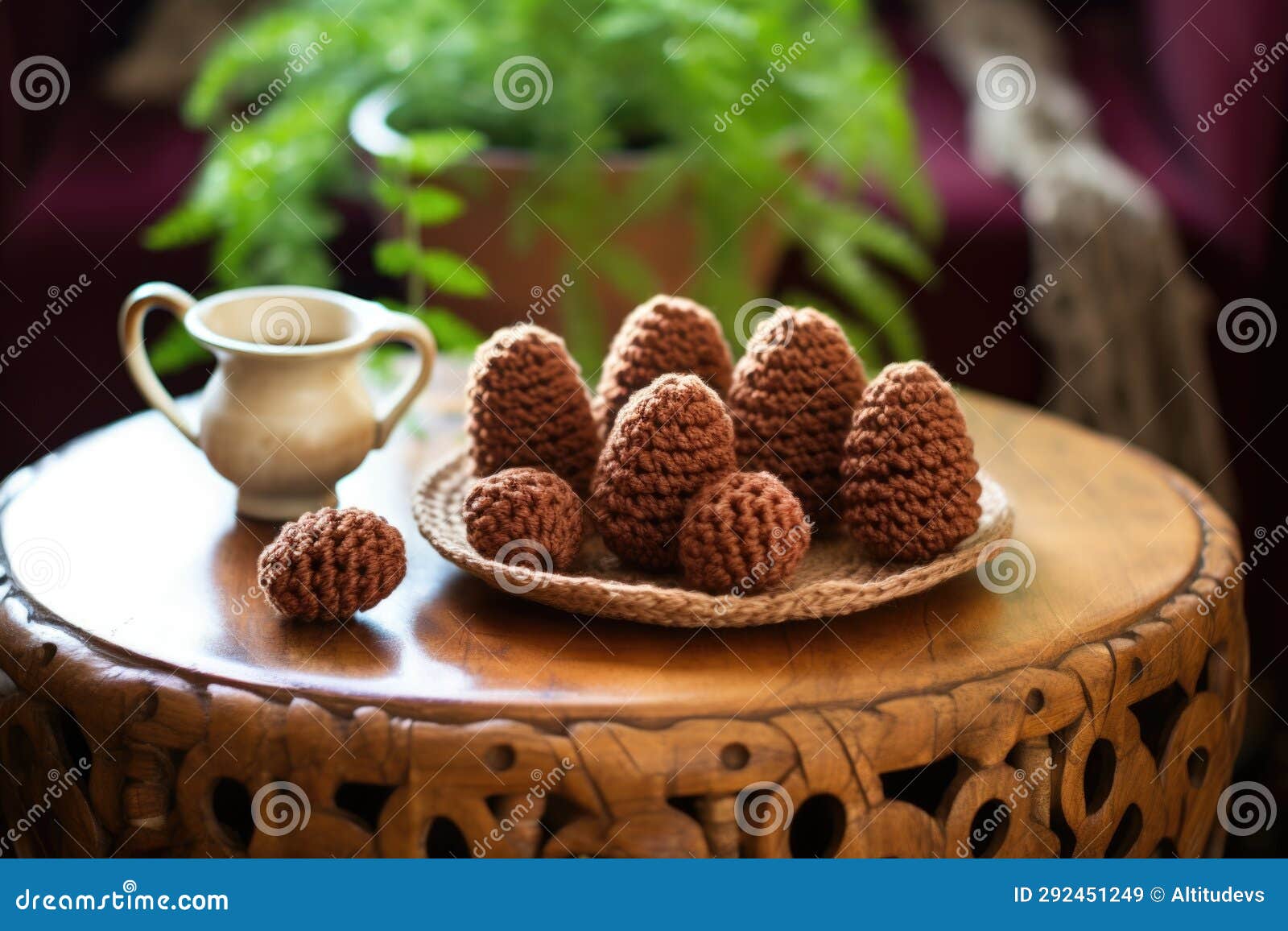 Crocheted Acorn Decorations on a Coffee Table Stock Image - Image of ...