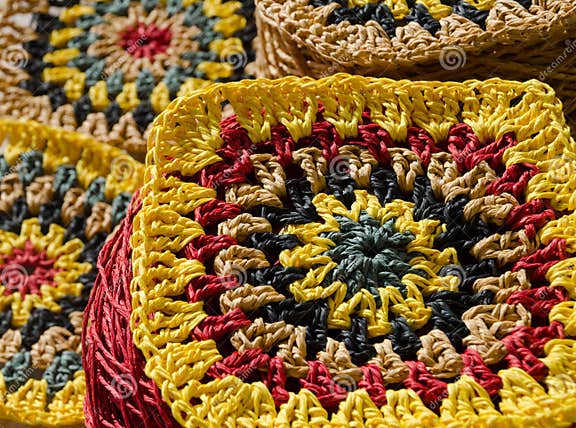Crocheted Raffia Patterns. Granny Square Made of Multi-colored Raffia ...