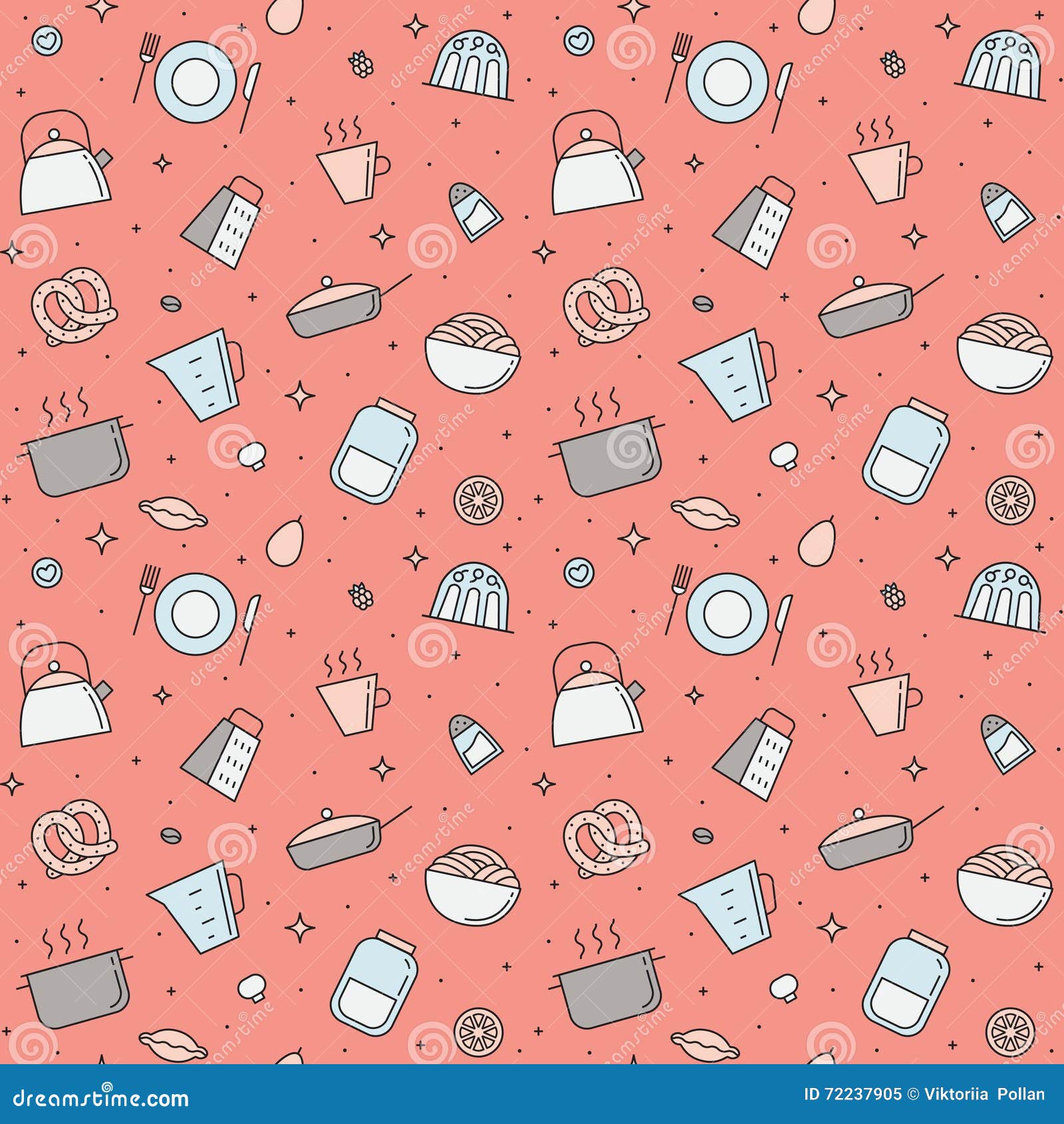 Crockery and Cooking Multicolored Seamless Vector Pattern (pink). Clean ...