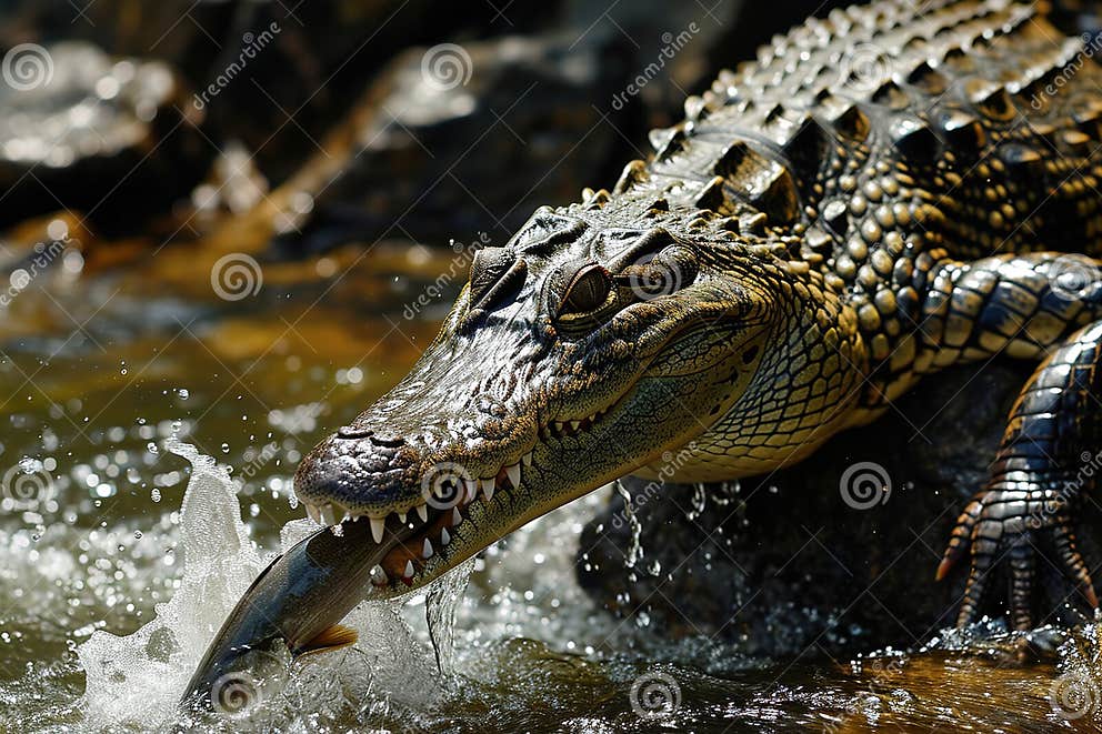 Crocodile in Action Catching the Fish. Generative AI Stock Illustration ...