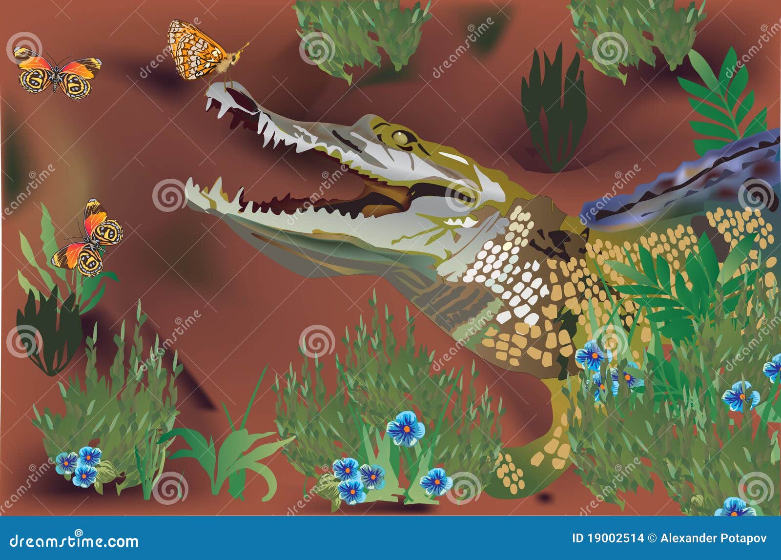 Crocodile and Butterflies Illustration Stock Vector - Illustration of ...