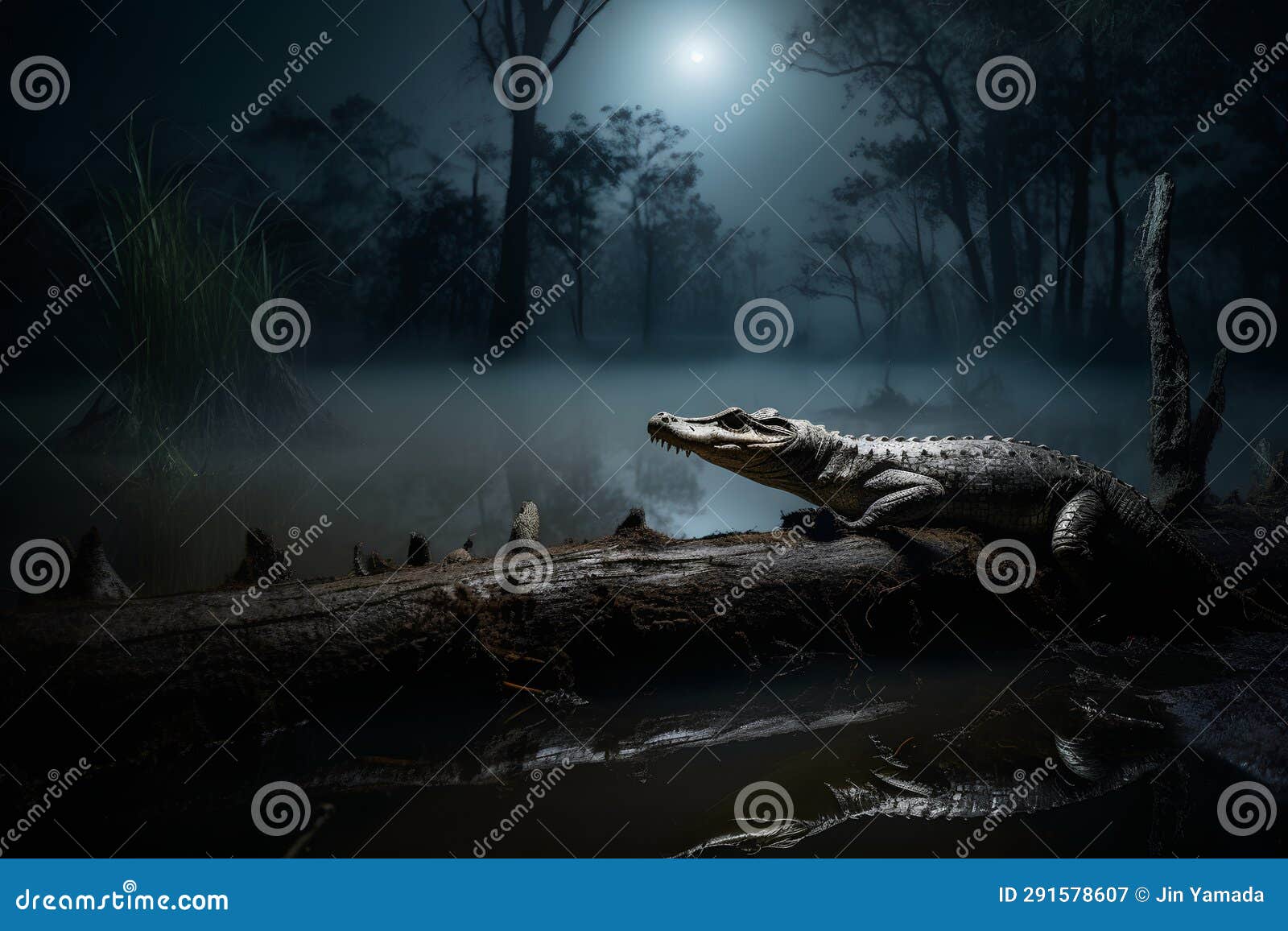 Crocodile in the Forest at Night with Moonlight. Stock Illustration ...