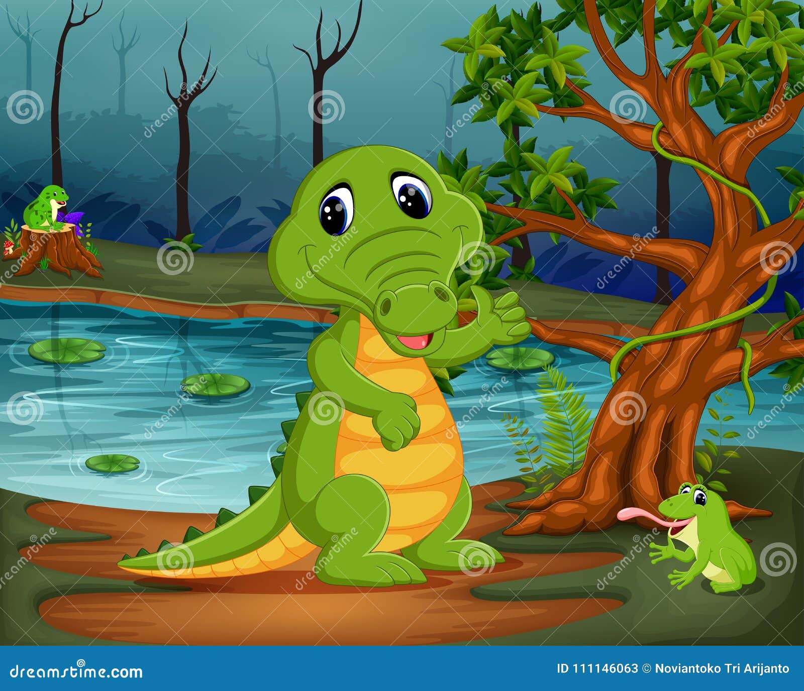 Crocodile and Frog in the Jungle with Lake Scene Stock Vector ...