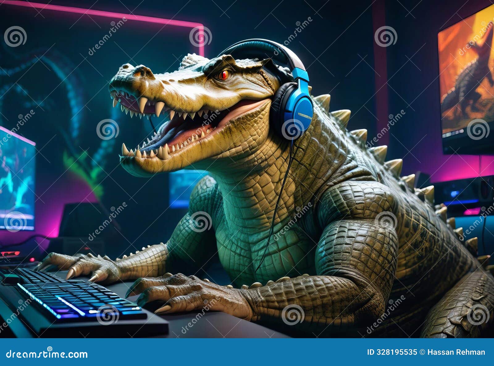 A Crocodile with a Gaming Computer in Gaming Headphones Stock ...