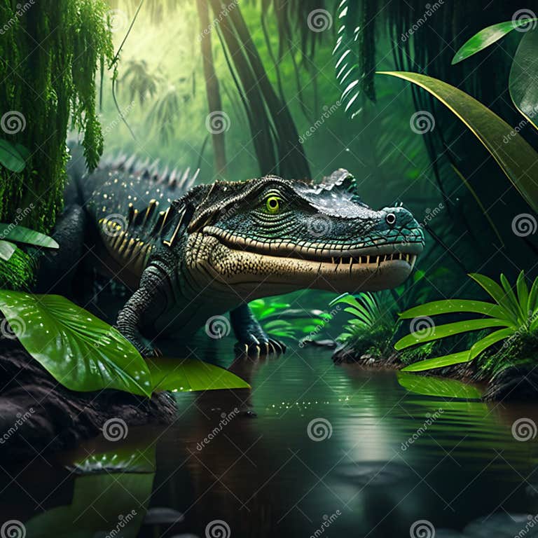 Crocodile in the Rainforest. 3d Rendering Stock Illustration ...