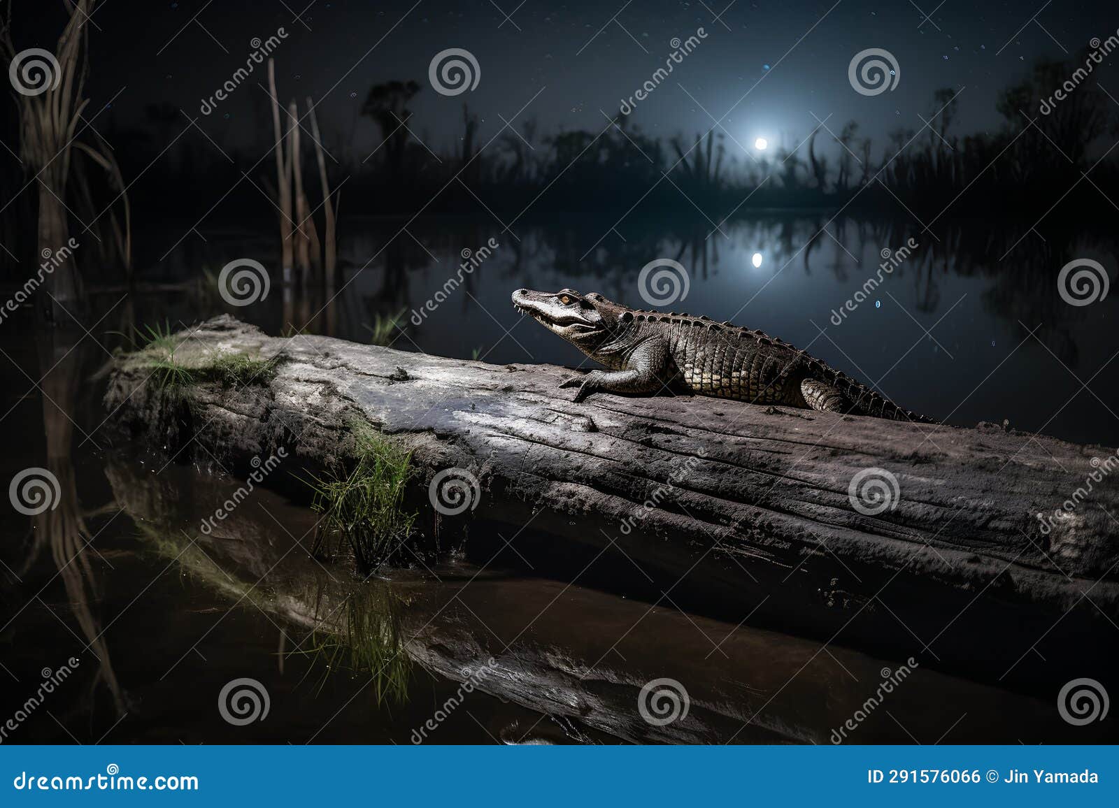 Crocodile Sitting on a Log in the Swamp at Night Stock Illustration ...