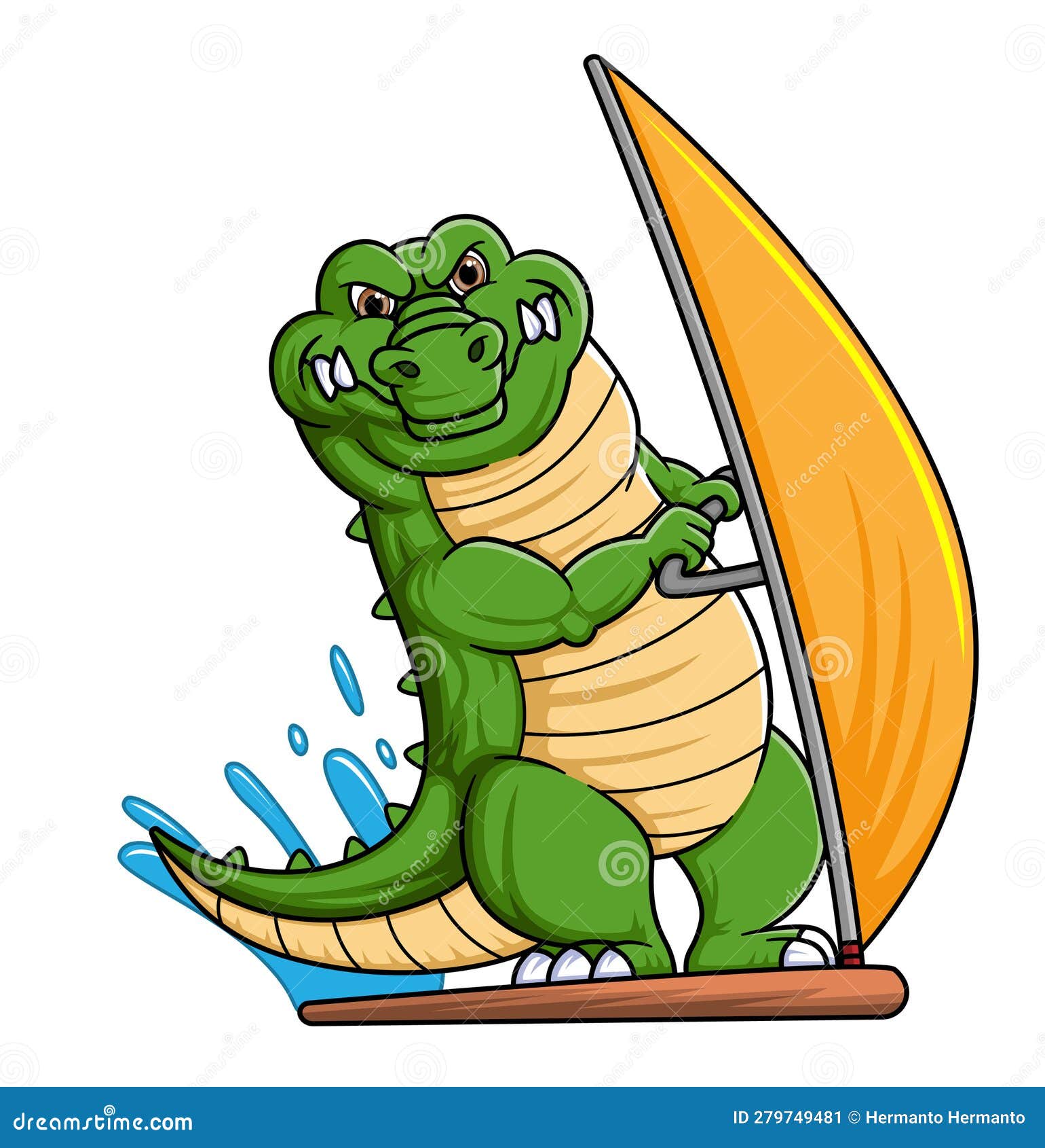 Crocodile Standing on the Board and Holding the Sail with Two Hands ...