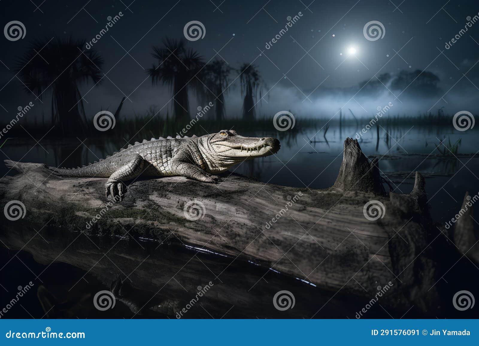 Crocodile in the Swamp at Night. 3d Rendering Stock Illustration ...