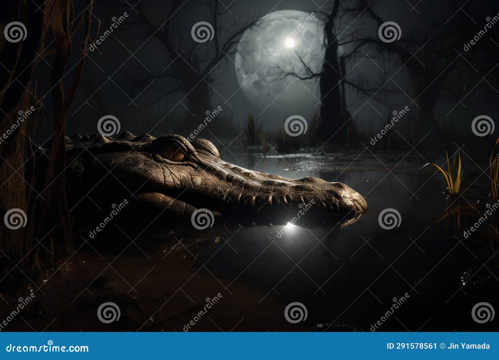 Crocodile in the Swamp at Night. 3D Rendering Stock Illustration ...