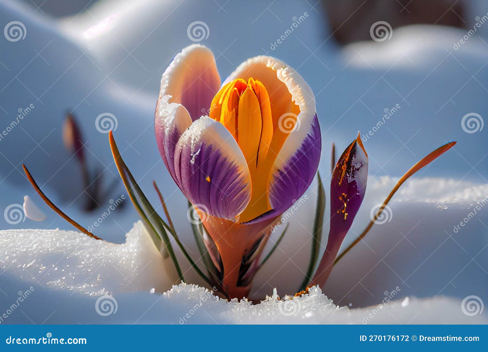 Crocus Bulb Blooming in Snow, First Spring Flower. Close Up Macro View ...