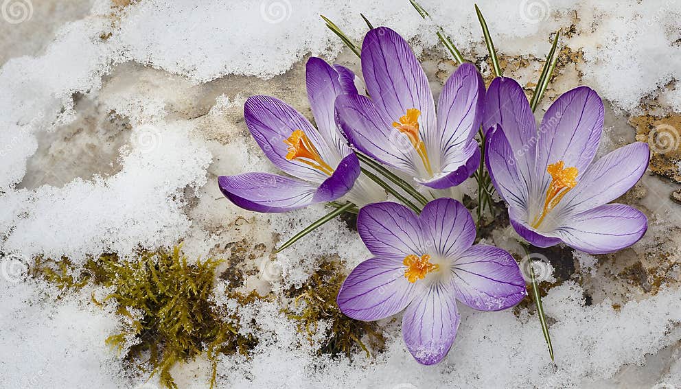 Crocus flowers in the snow stock photo. Image of wintry - 353707672