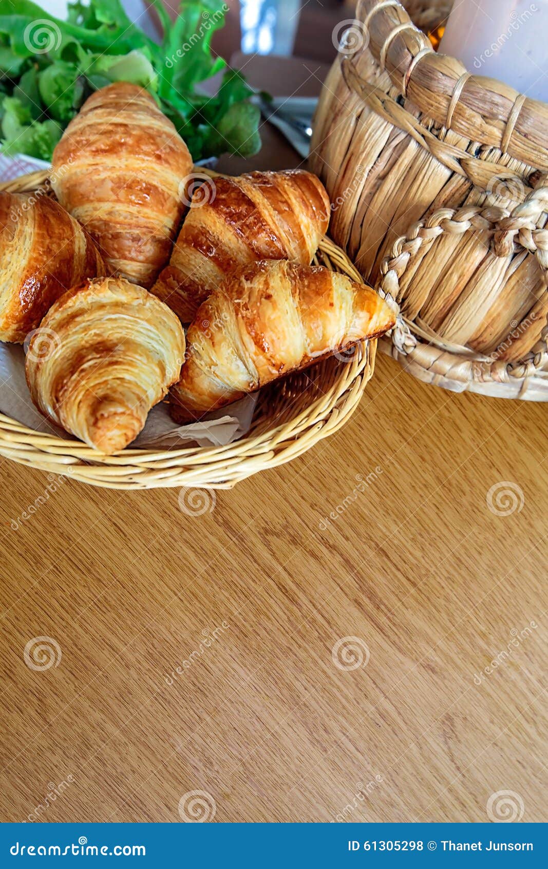 Croissant in Basket on Wooden Table for Breakfast Stock Photo - Image ...
