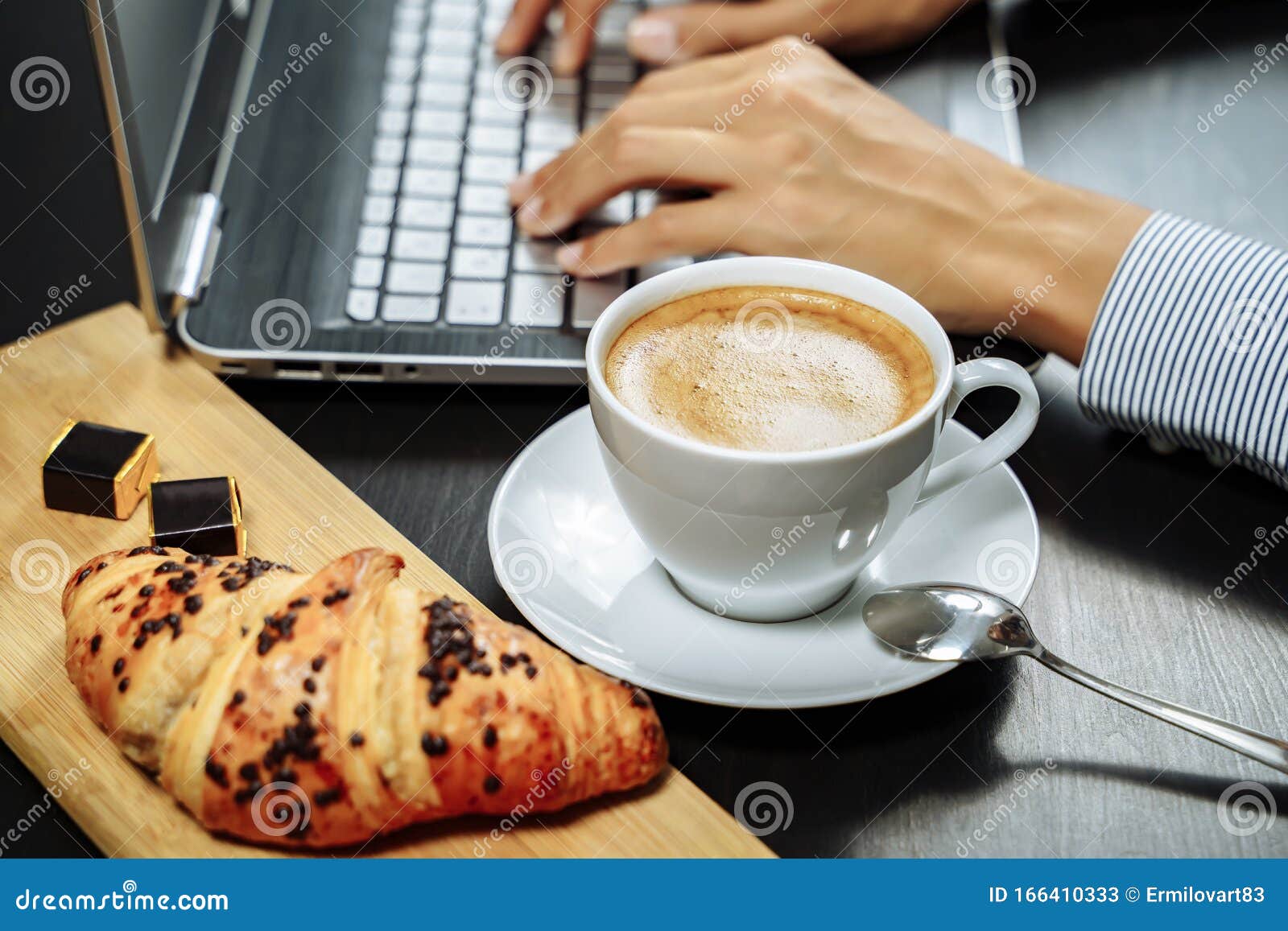 Croissant with Chocolate and Coffee on the Desktop. Business Breakfast ...
