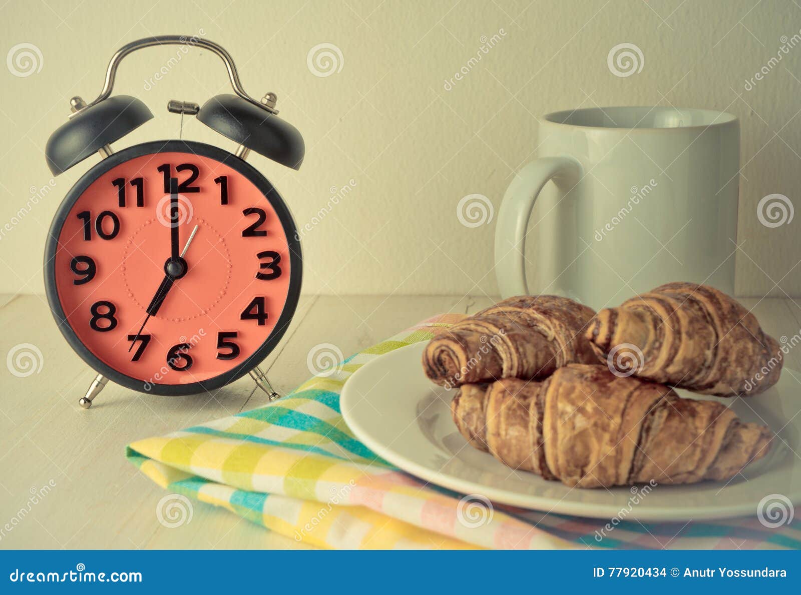 Croissant Coffee Breakfast with Red Alarm Clock Stock Photo - Image of ...