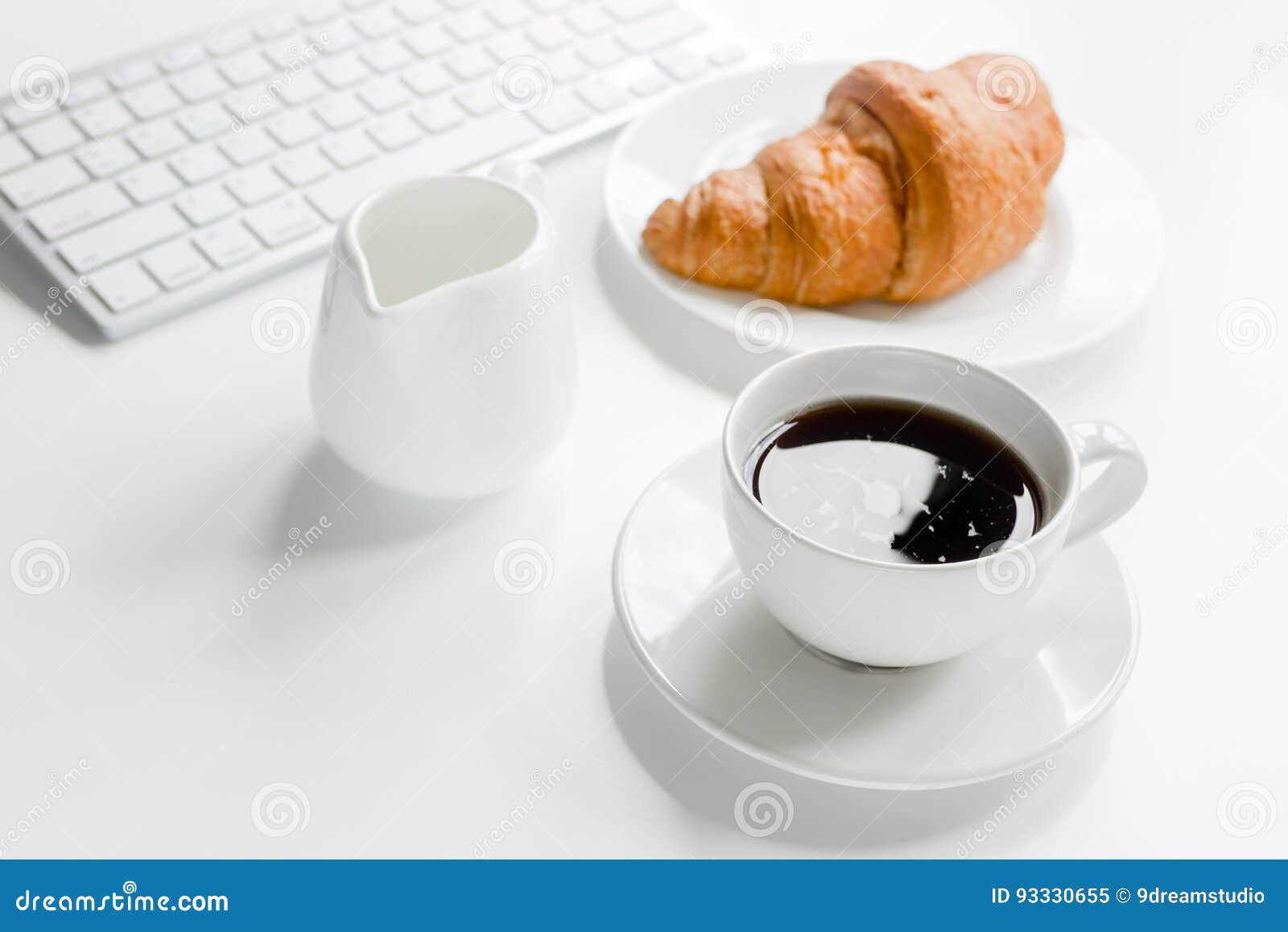 Croissant and Cup of Coffee on Office Desk for Business Breakfast White ...