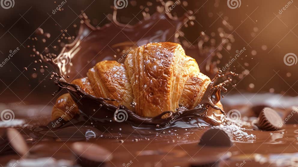 Croissant Falling into Chocolate Stock Illustration - Illustration of ...