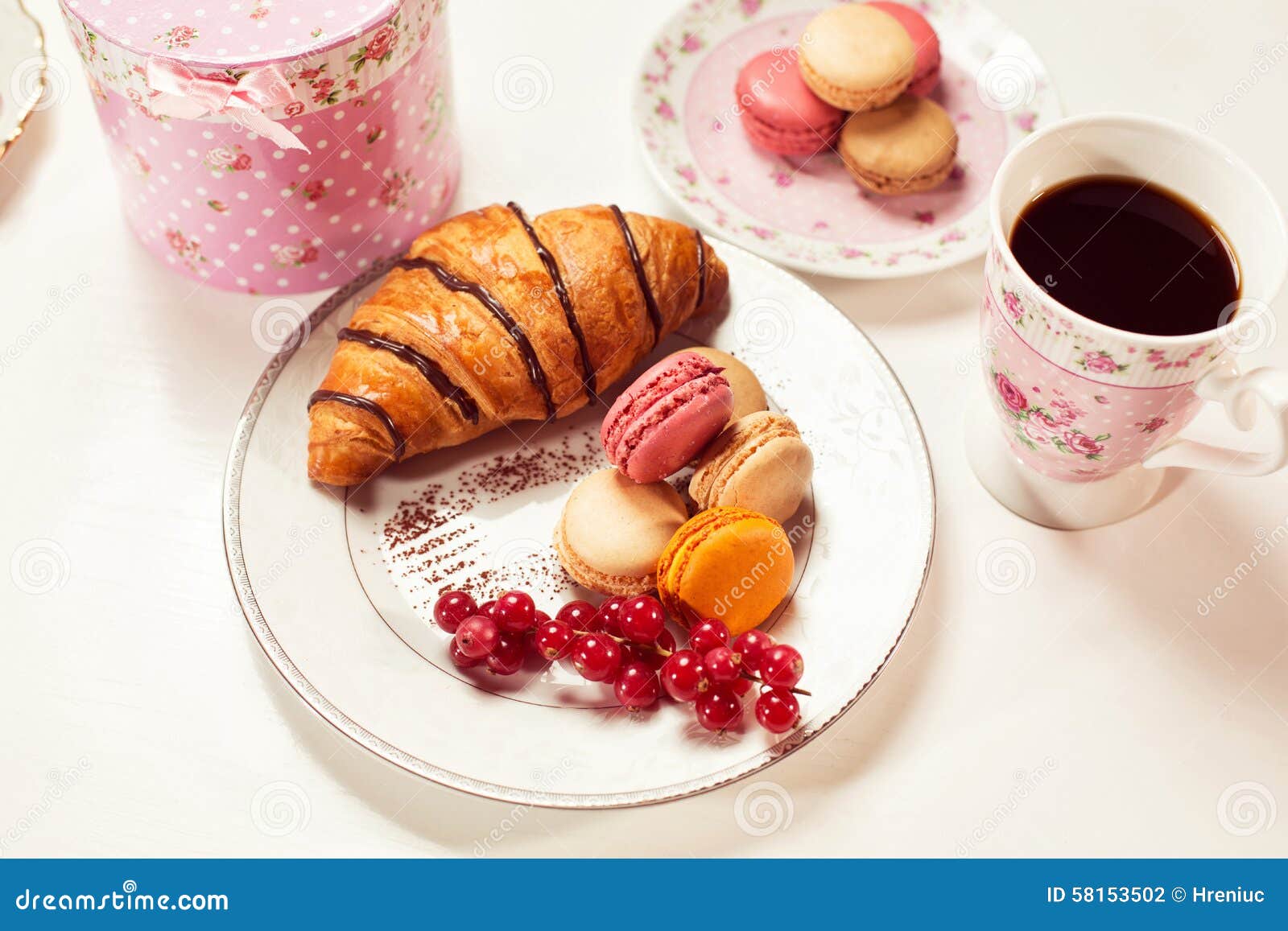 Croissant and macaroons stock photo. Image of drink, freshness - 58153502