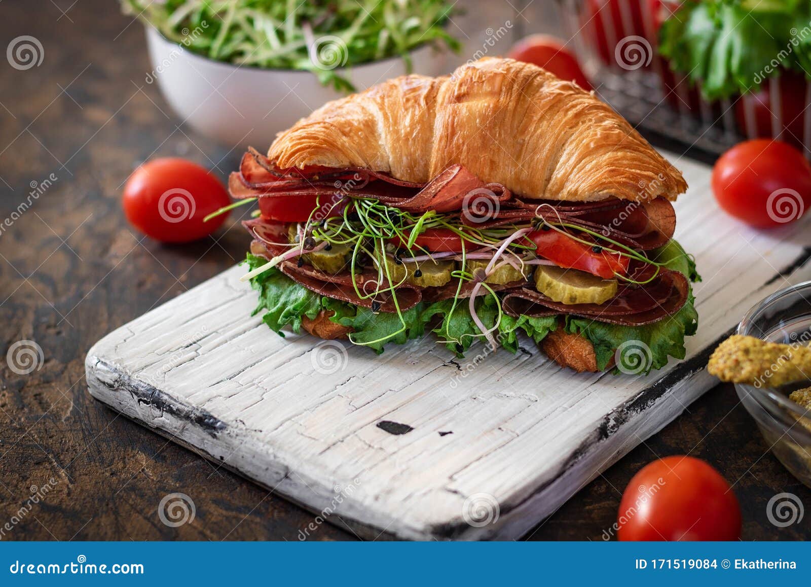 Sandwich in a Croissant with Smoked Beef, Vegetables and Micro-greens ...
