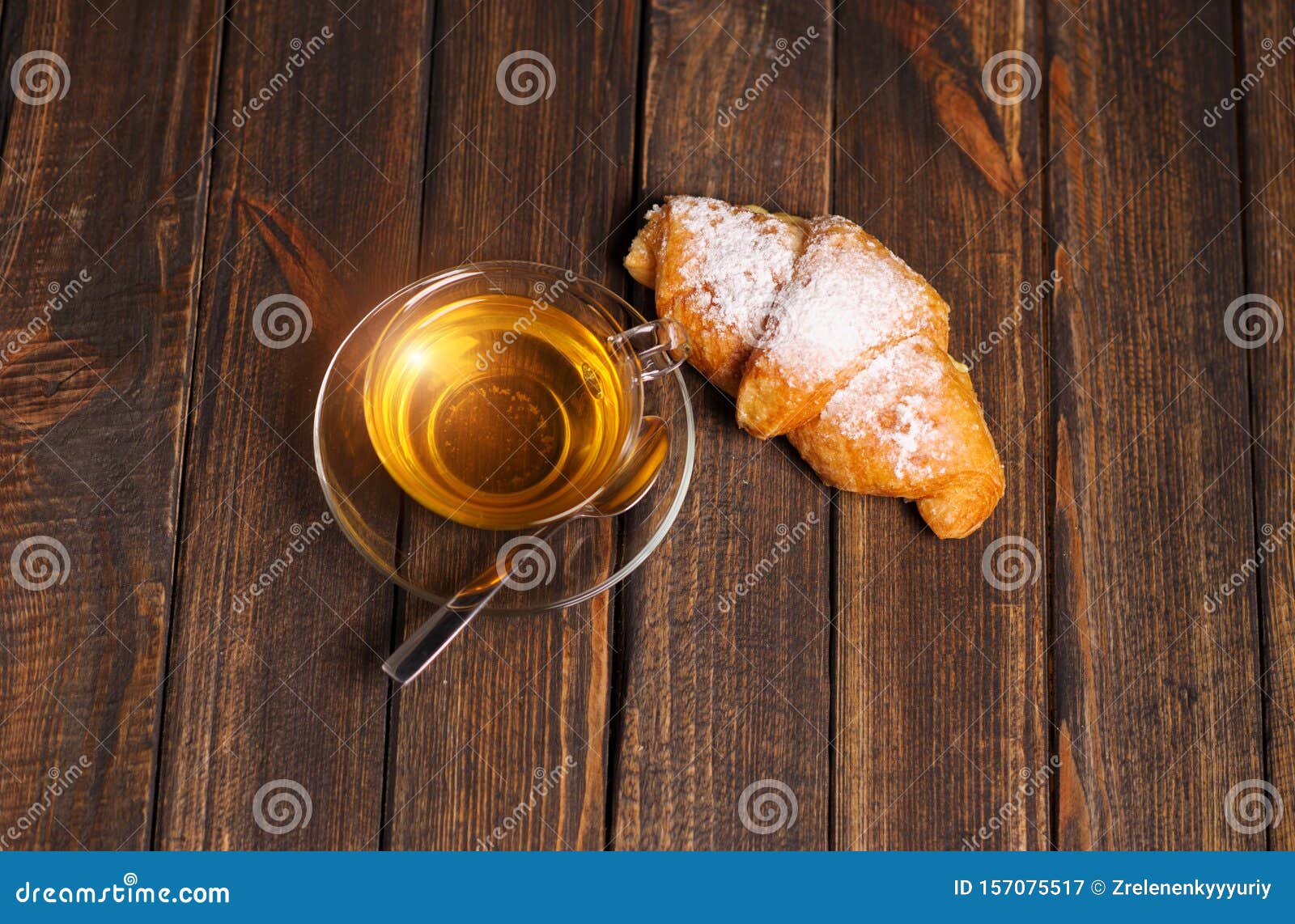 Croissant with Tea on Wooden Desk Stock Image - Image of wooden ...