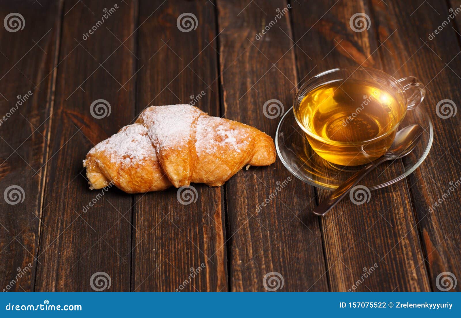 Croissant with Tea on Wooden Desk Stock Photo - Image of table, rustic ...
