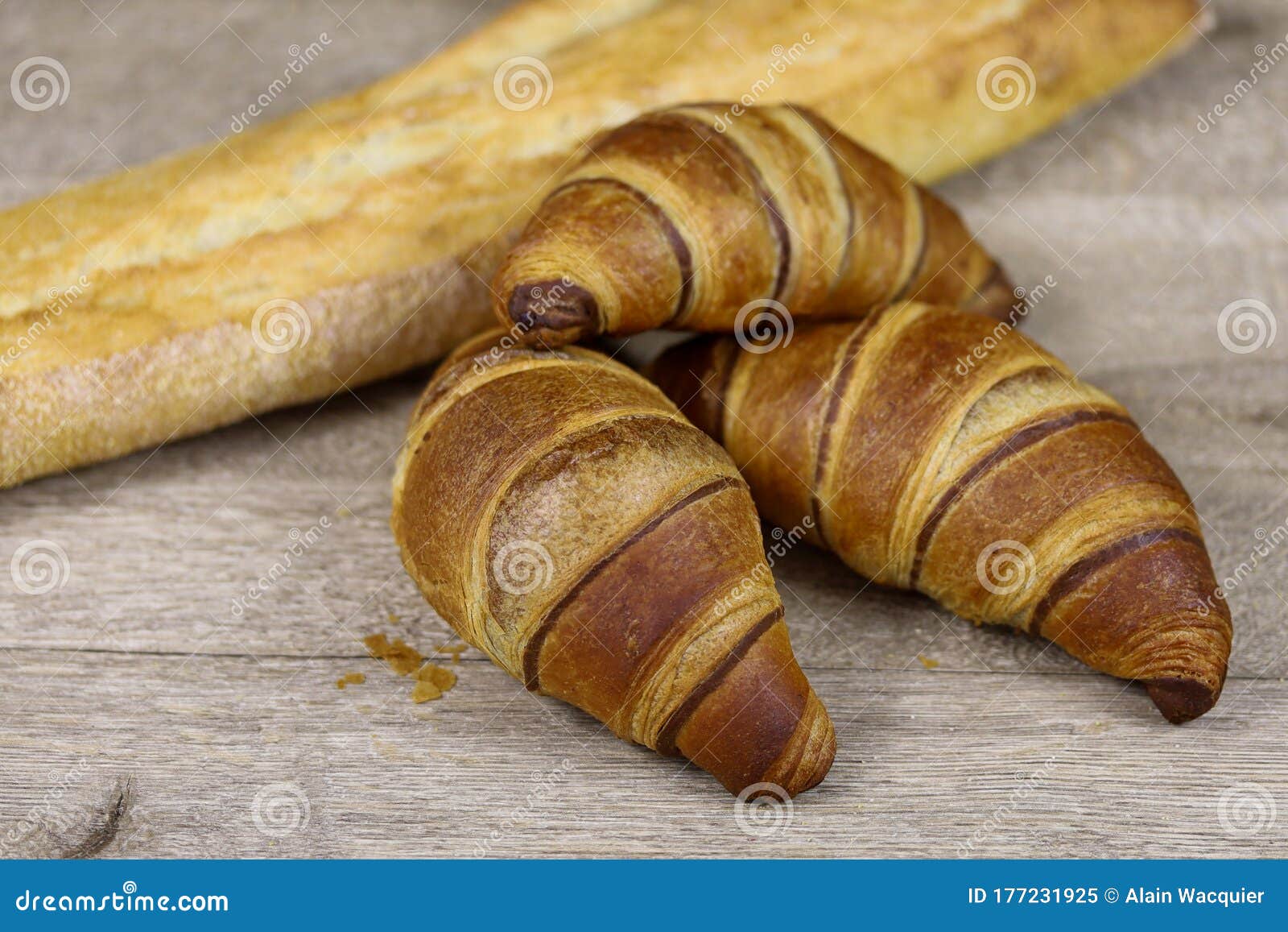 Croissants and Baguette on a Table Stock Image - Image of croissants ...
