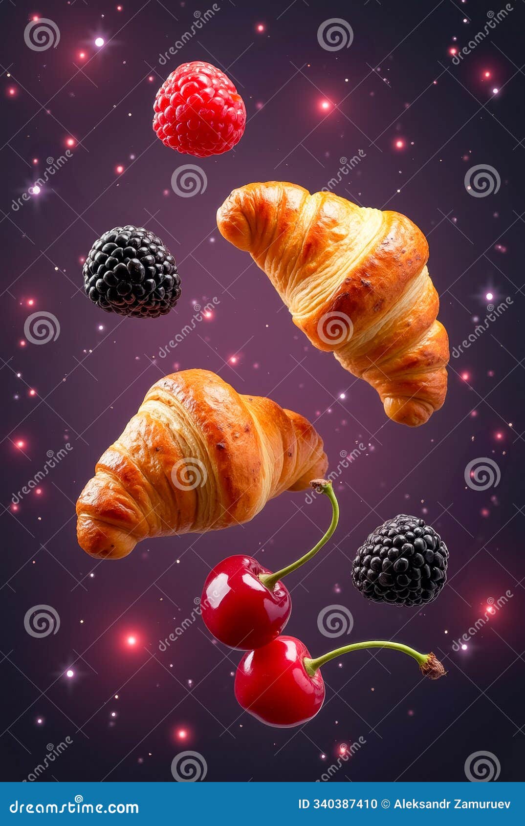 Croissants and Fresh Summer Berries Float in a Cosmic Setting, Creating ...