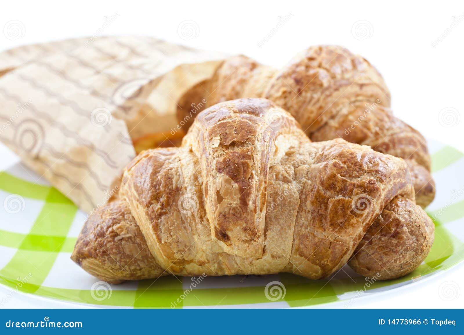 Croissants in Paper Pack on Plate Isolated Stock Photo - Image of food ...