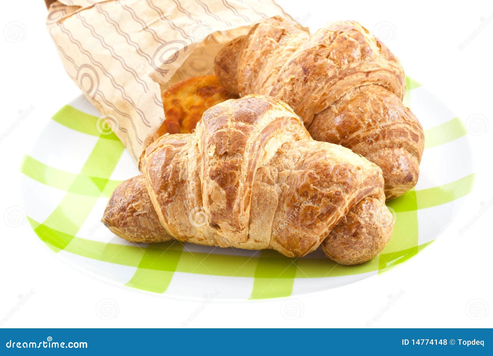 Croissants in Paper Pack on Plate Isolated Stock Photo - Image of group ...