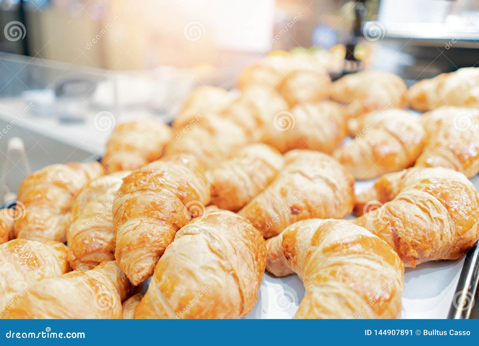 Croissants On The Shelf At Bakery Pastry Display Wooden Cut Board ...