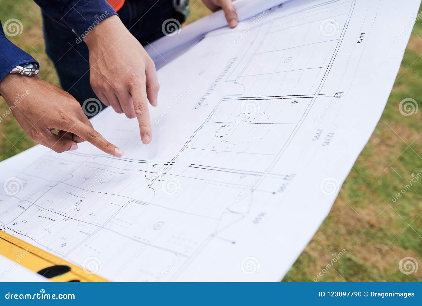 Crop Hands Pointing at Blueprint Stock Photo - Image of hands, building ...