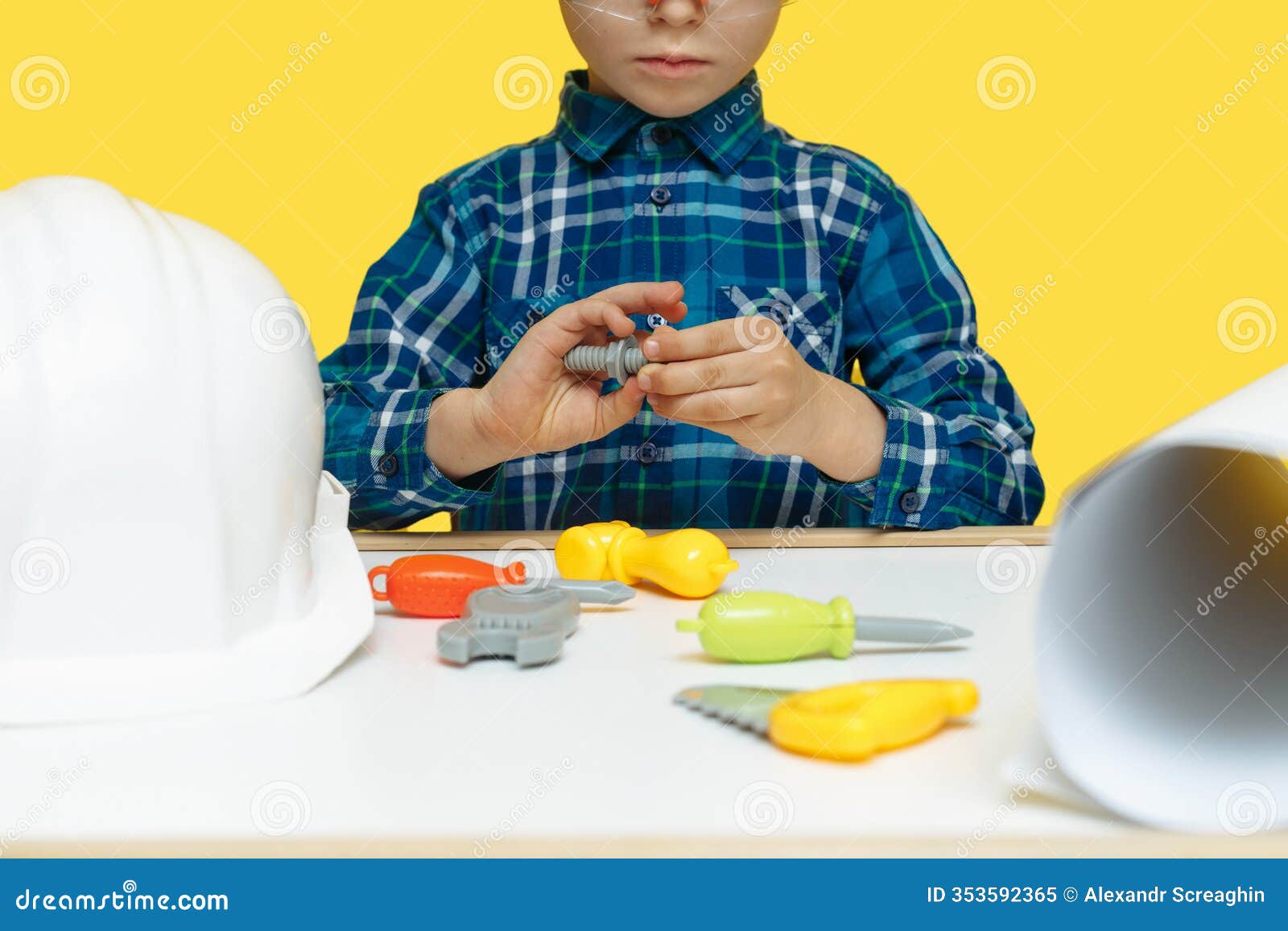 Crop Image of Little Kid Boy Engineer or Architect Sitting at the Work ...