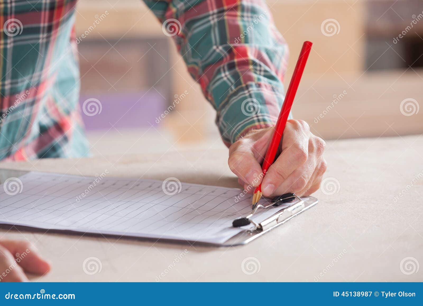 Cropped Image of Carpenter Writing Notes on Stock Image - Image of ...