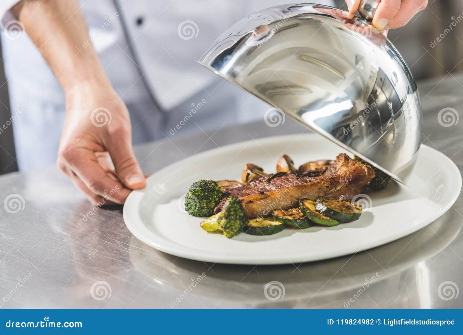 Cropped Image of Chef Opening Plate with Dish Stock Photo - Image of ...